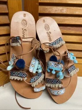 Savvas | Shoes | Boho Pompom Laceup Sandals In Tan And Blue | Poshmark